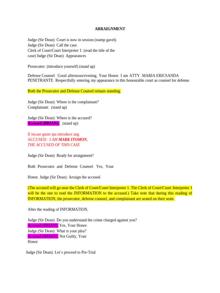 Script in Mock Trial Purposes (Sample) | PDF | Arraignment | Plea