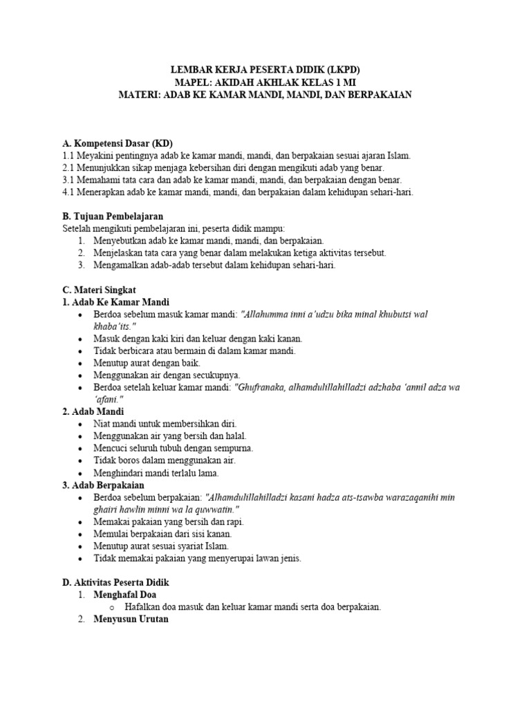 LKPD 5-Adab Ke Kamar Mandi, Mandi Dan Berpakaian | PDF