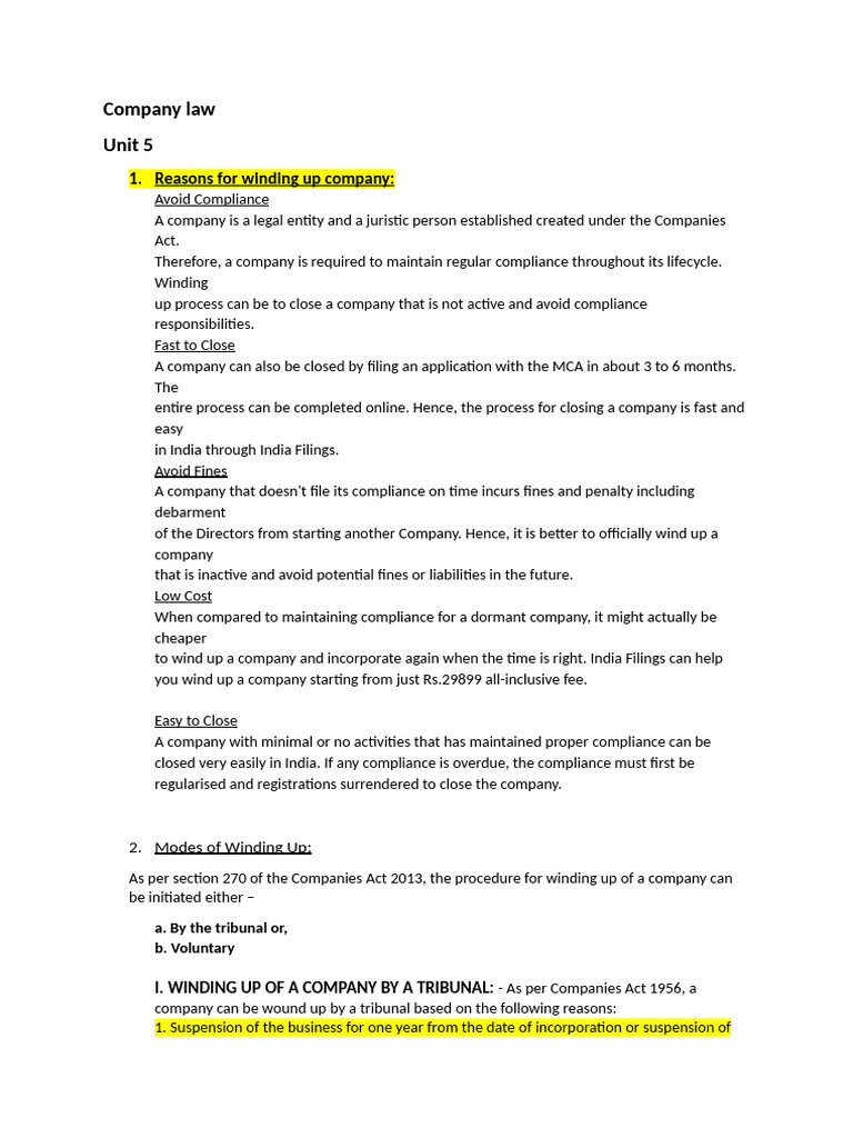 Company Law Unit 5 Answers | PDF | Liquidation | Bankruptcy