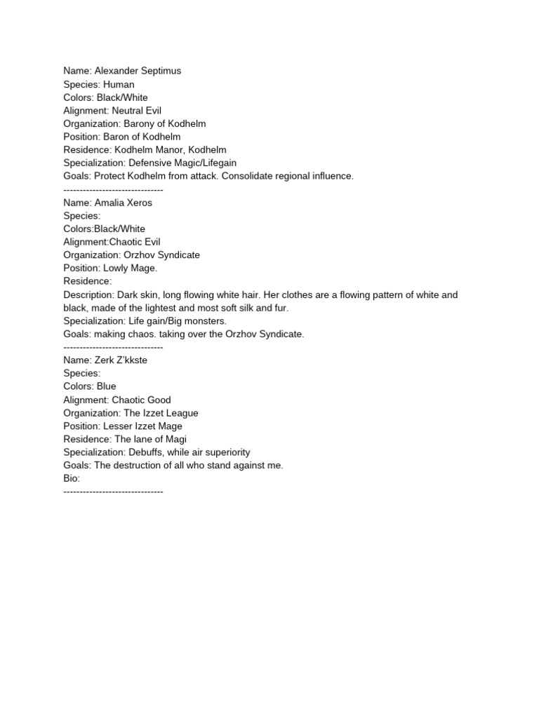 Character Profiles: Magic Users and Alignments | PDF