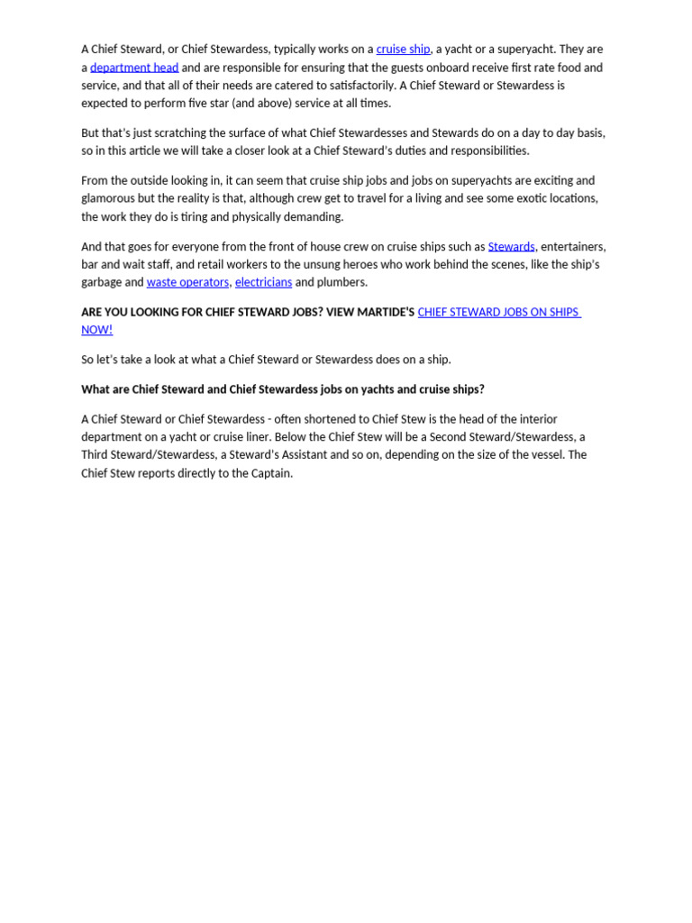 Chief Steward Duties on Ships | PDF | Flight Attendant | Cruise Ship