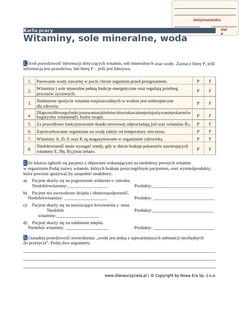 Witaminy Sole Mineralne Woda Karta Pracy | PDF