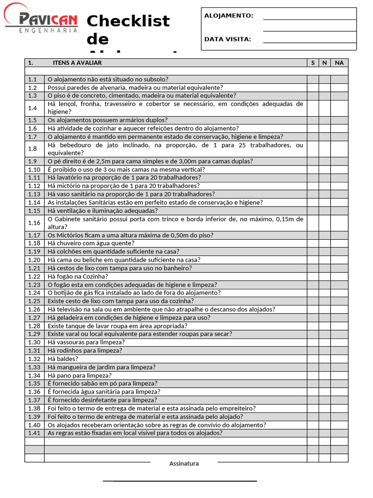 Check List Alojamento NR 18 - NWN | PDF | Higiene | Banheiro