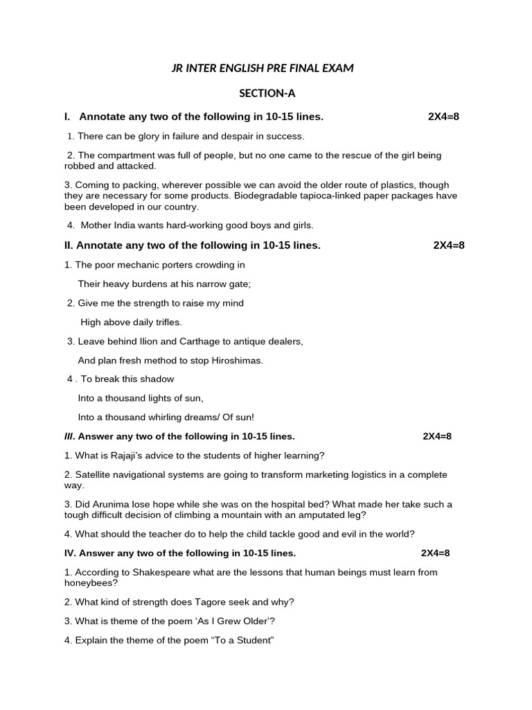 JR Inter English Pre-Final Exam Guide | PDF | Linguistics | Language ...