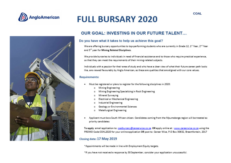 Anglo Coal 2020 Bursary Advert | PDF