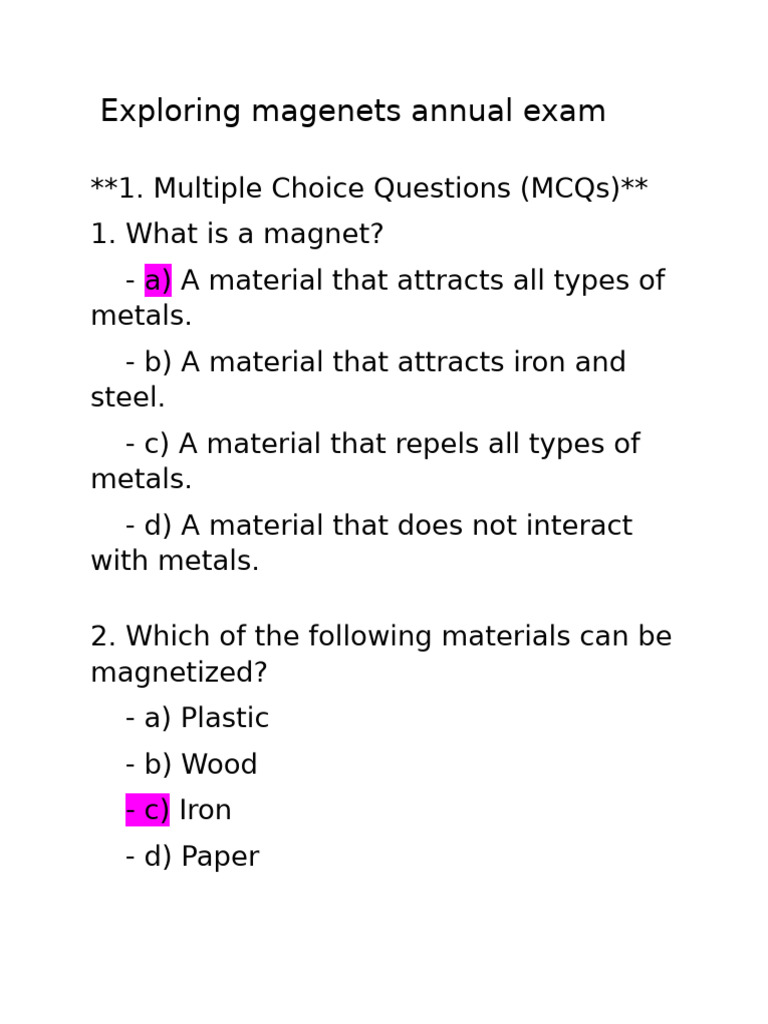 Magnet Basics: Exam Questions & Answers | PDF | Magnet | Magnetism