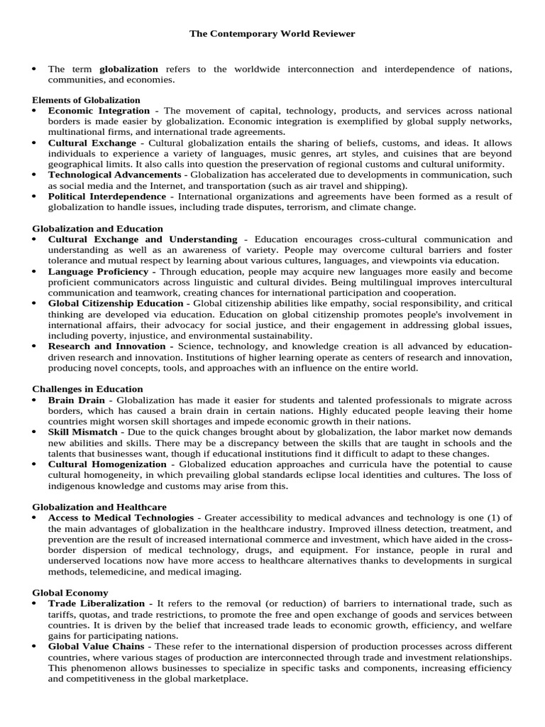 The Contemporary World Reviewer | PDF | Globalization | Market (Economics)