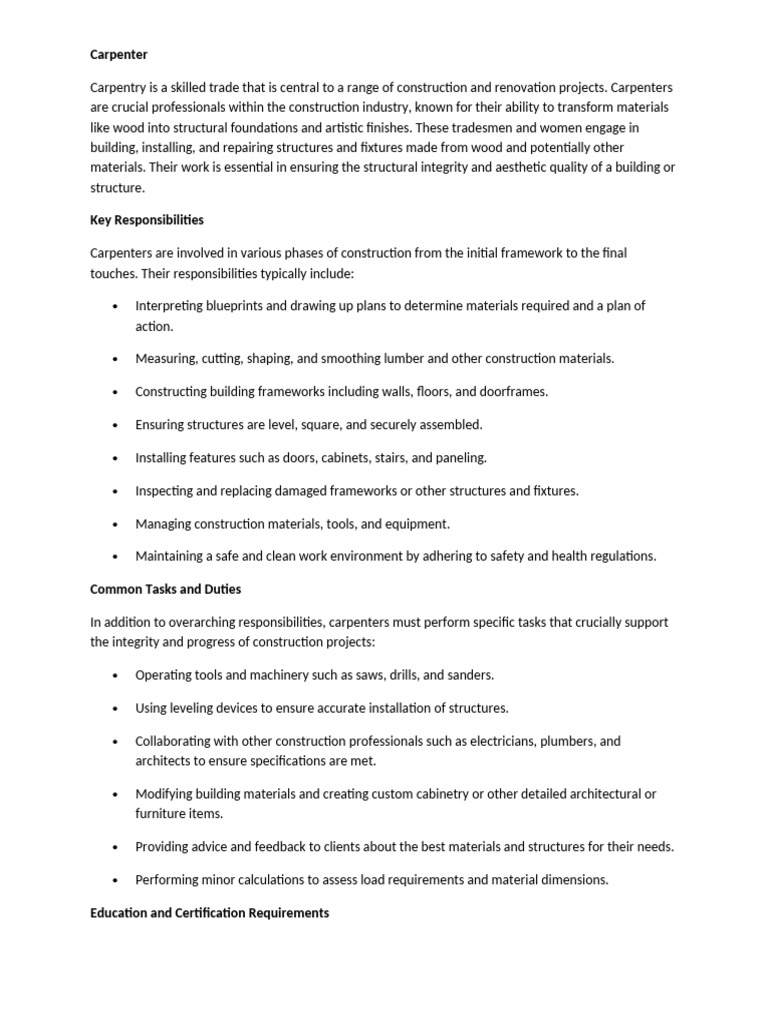Carpenter Duties and Responsibilities | PDF | Carpentry