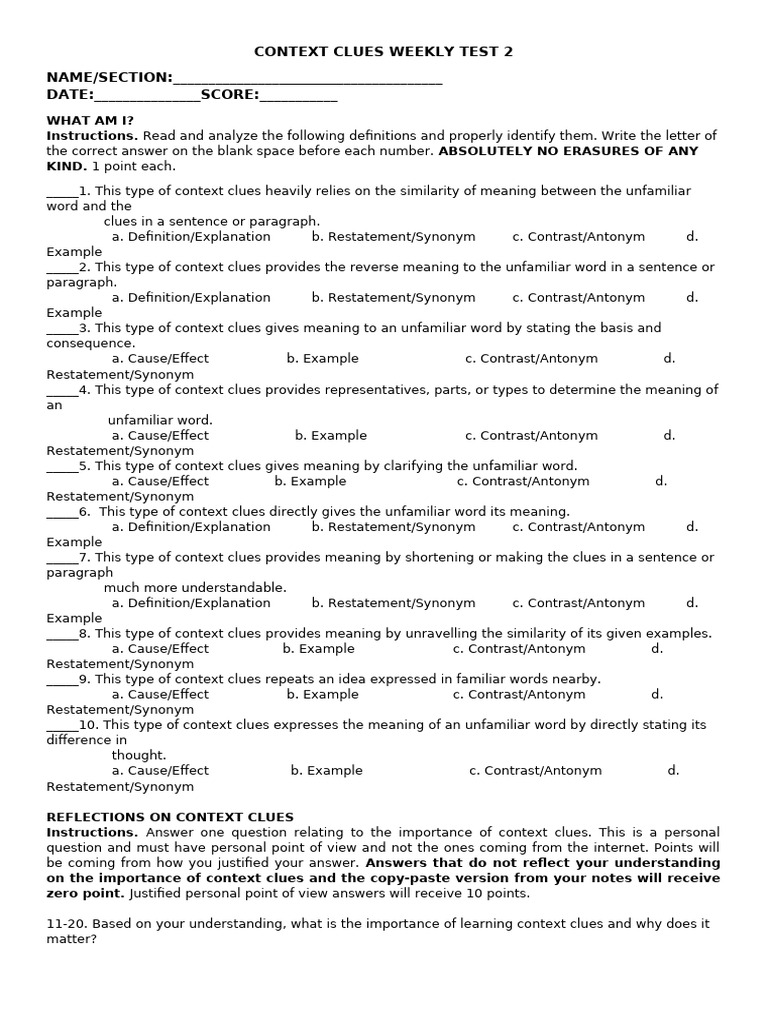 Context Clues Quiz 2 | PDF | Human Communication | Learning