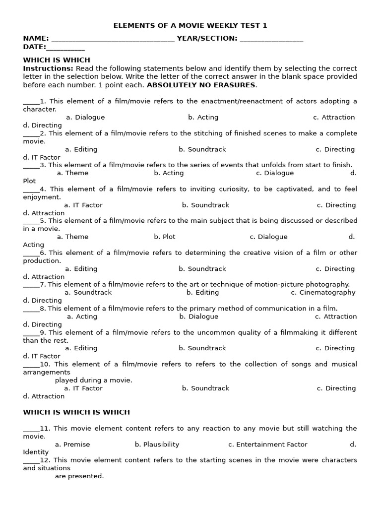 Elements of A Movie Weekly Test 1 | PDF | Storytelling