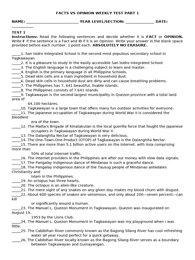 Fact VS Opinion Weekly Test A | PDF