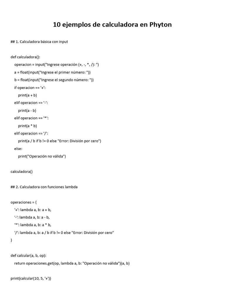 10 Ejemplos de Calculadora en Phyton | PDF | Aritmética | Informática