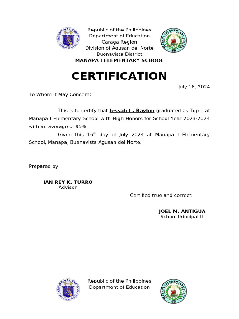 Certfication of Honors For Money | PDF
