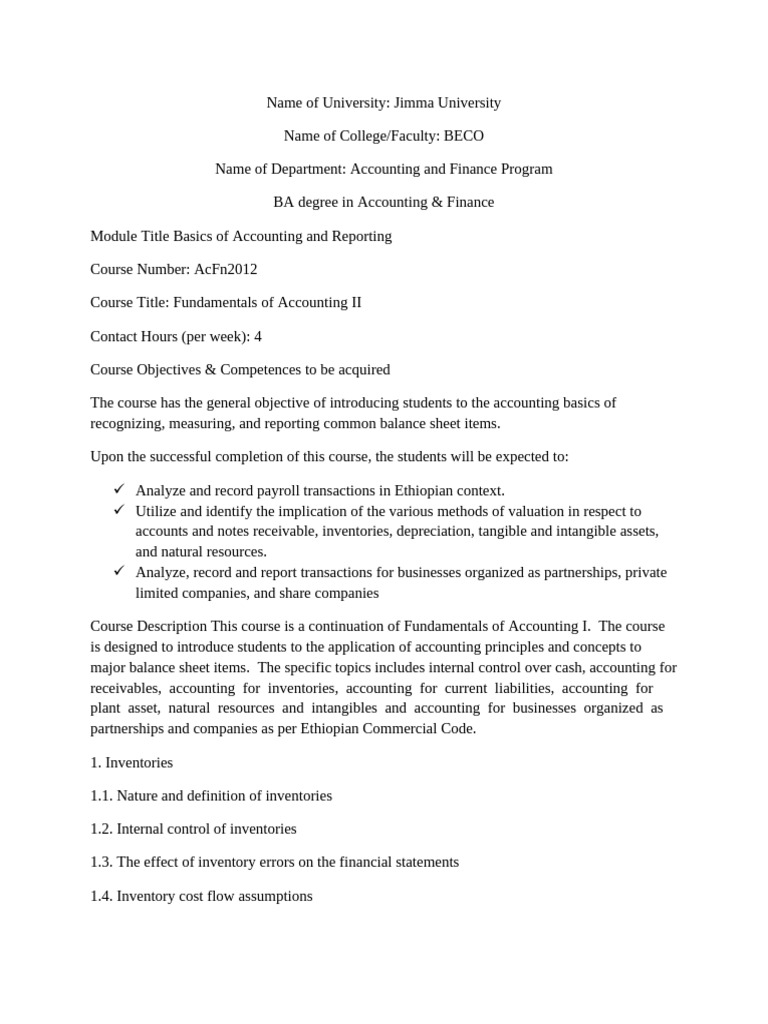 Foundamentals of A2 Course Outline | PDF | Balance Sheet | Inventory