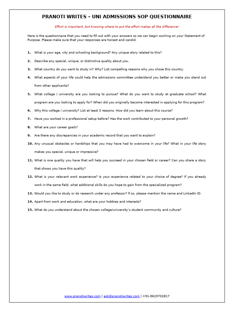 Your Admissions SOP Questionnaire | PDF