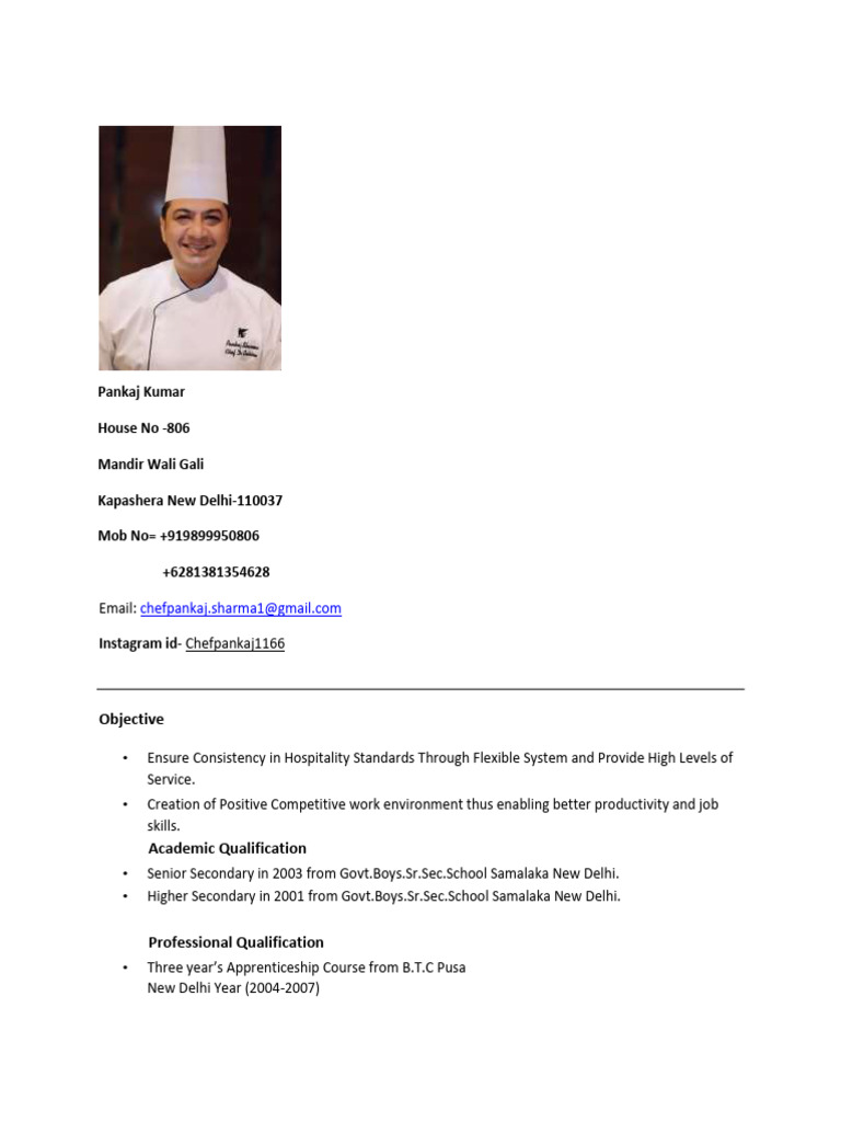 Chef Pankaj Kumar Resume | PDF | Chef | Menu