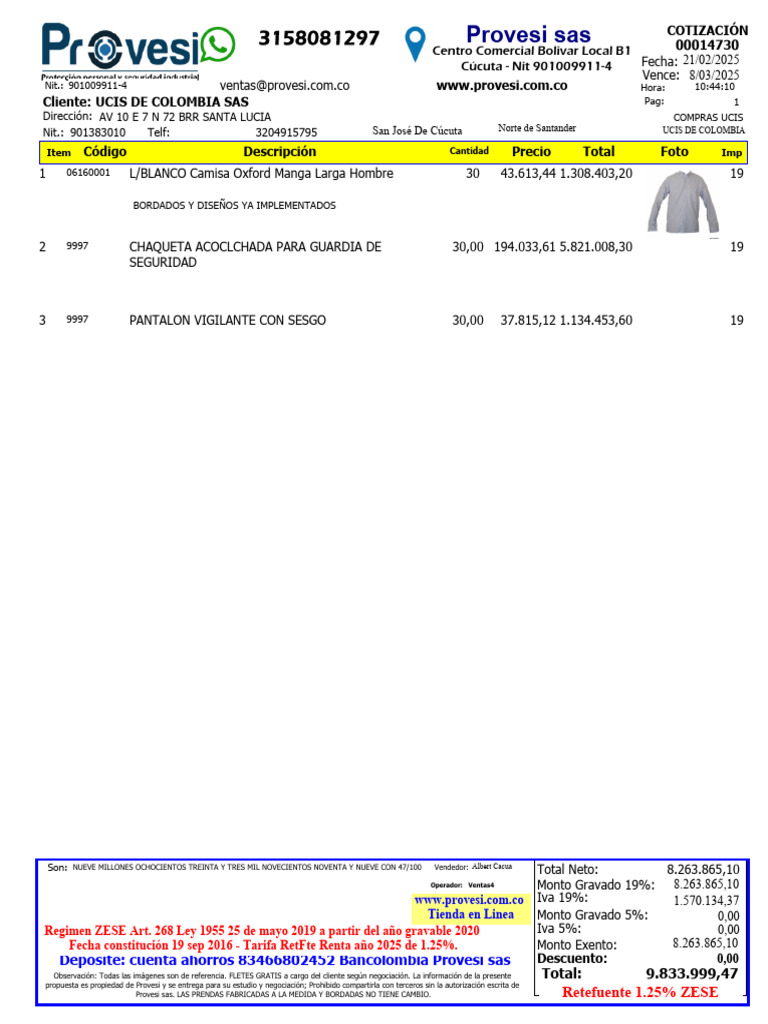 14738 - UCIS DE COLOMBIA - DOTACION - PROVESI | PDF