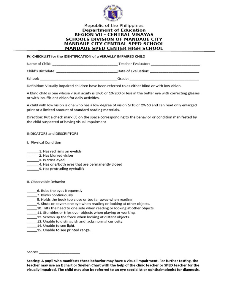Checklist Visually Impaired | PDF