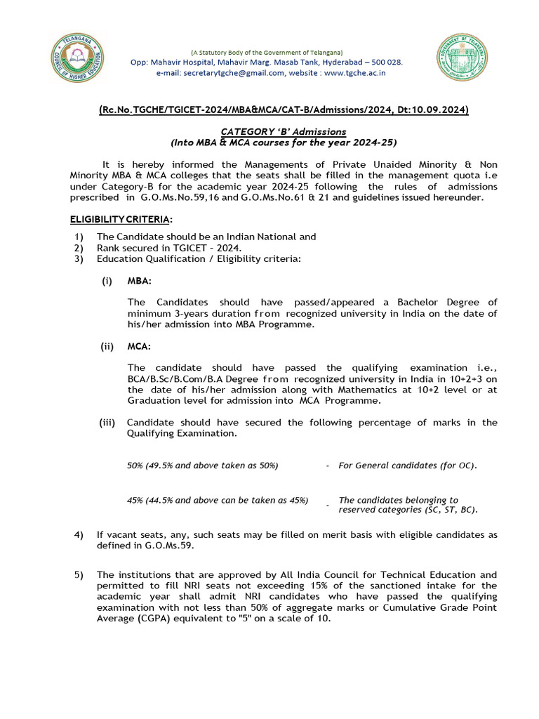 CatB Guidelines MBA MCA 2024 | PDF