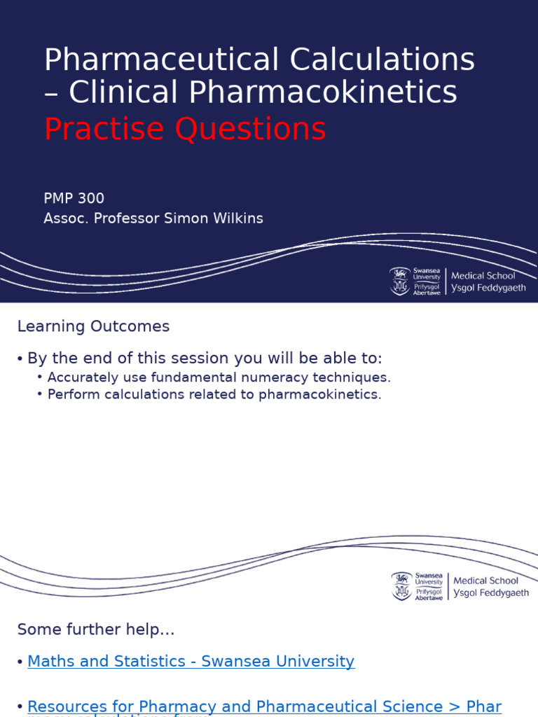 Pharmacokinetics Calculations Guide | PDF | Bioavailability | Chemistry