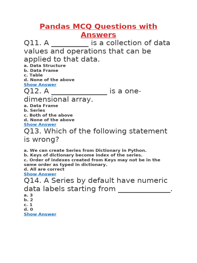 Pandas MCQ Questions With Answers.docx | PDF | Computer Programming ...