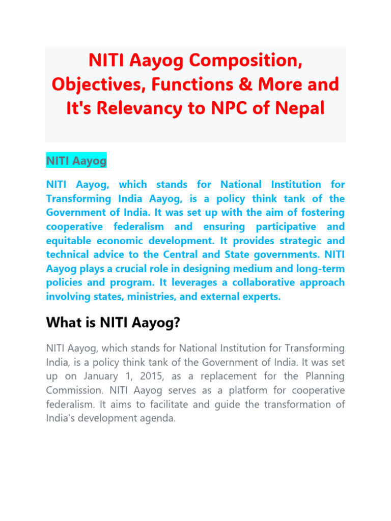 NITI Ayog and It's Relevency To Nepal | PDF | Governance | Infrastructure