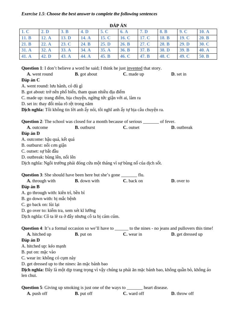 Exercise 1.5 Choose The Best Answer To Complete The Following Sentences ...