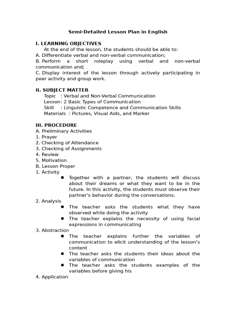Demo Teaching Lesson Plan | PDF | Communication | Nonverbal Communication