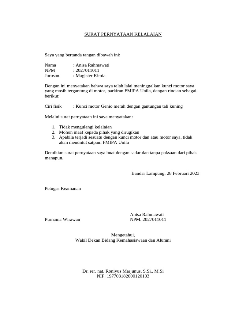 Surat Pernyataan Kelalaian | PDF