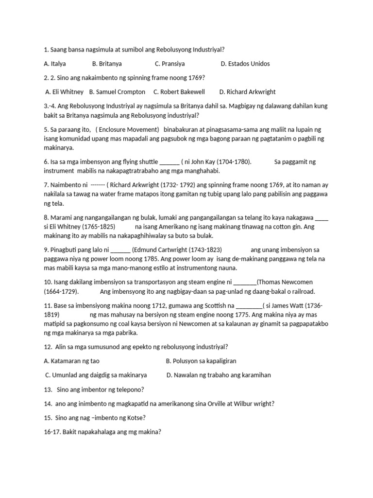 Activity Quiz On Industriyal Revolution | PDF