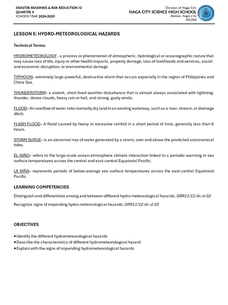 DRRR Q4 Activity Lesson5 Hydrometeorological-Hazards-1 | PDF | Tropical Cyclones | Flood