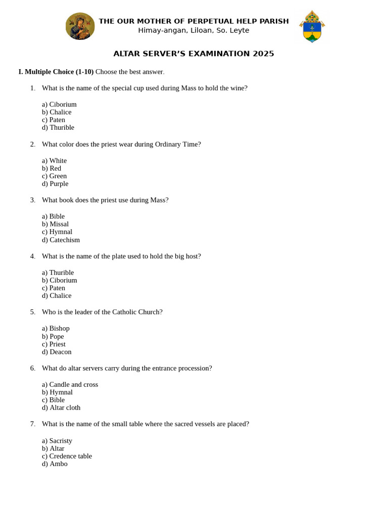 Altar Servers Examination 2025 | PDF | Altar | Mass (Liturgy)