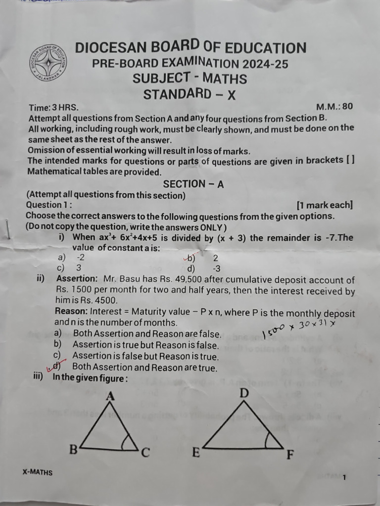 Ans Key Maths X Preboard Dbe 2025 | PDF | Euclidean Geometry | Elementary Geometry