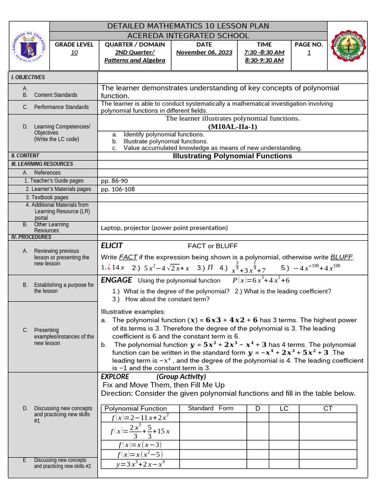 Grade 10 Polynomial Functions Lesson Plan | PDF | Polynomial | Function ...