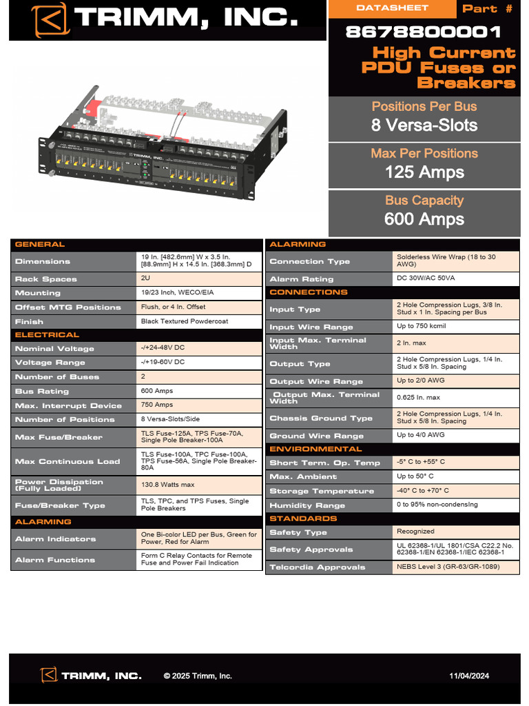 High Current PDU 8 - 8 Versa Slots Dual Inputs Per Bus 2 Hole Lug Input ...