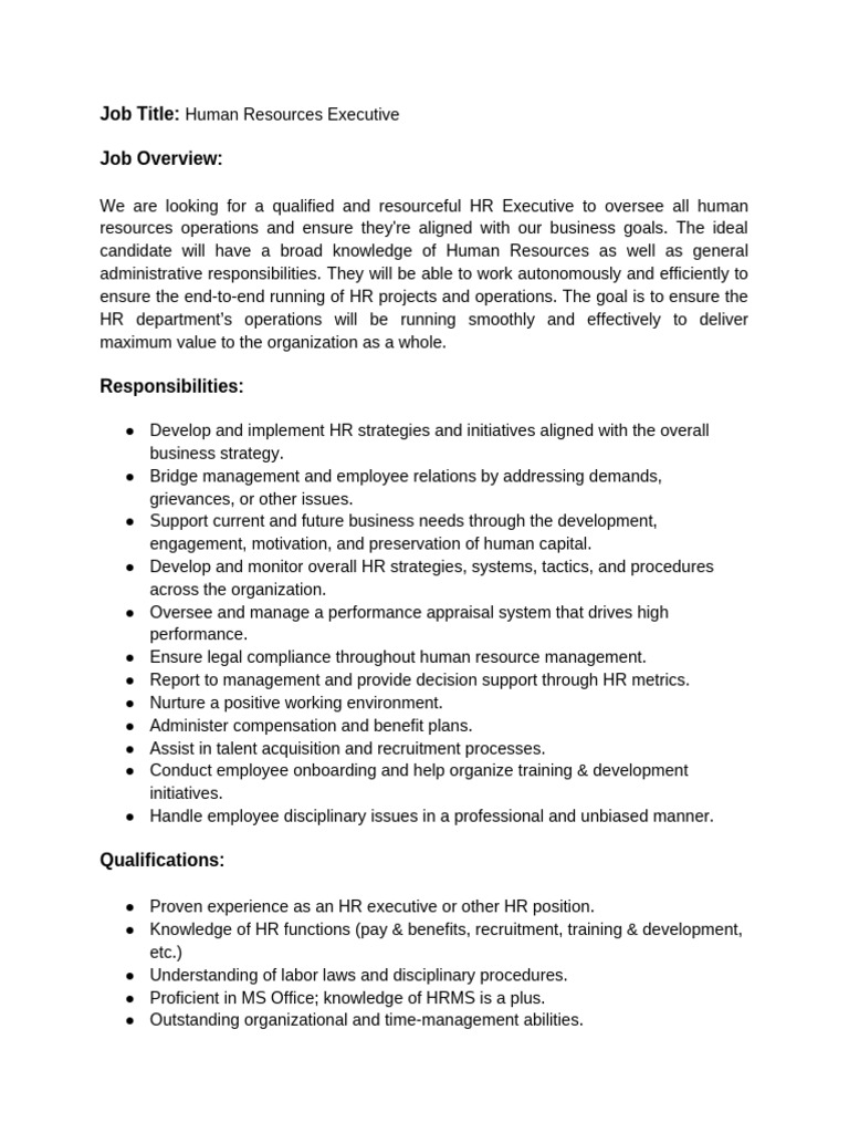 HR Executive Job Description Sample - 4 | PDF