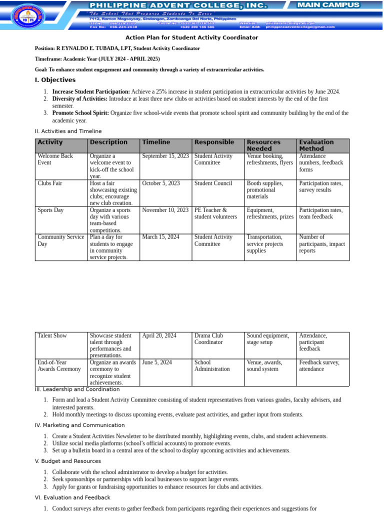 Action Plan For Student Activity Coordinator | PDF