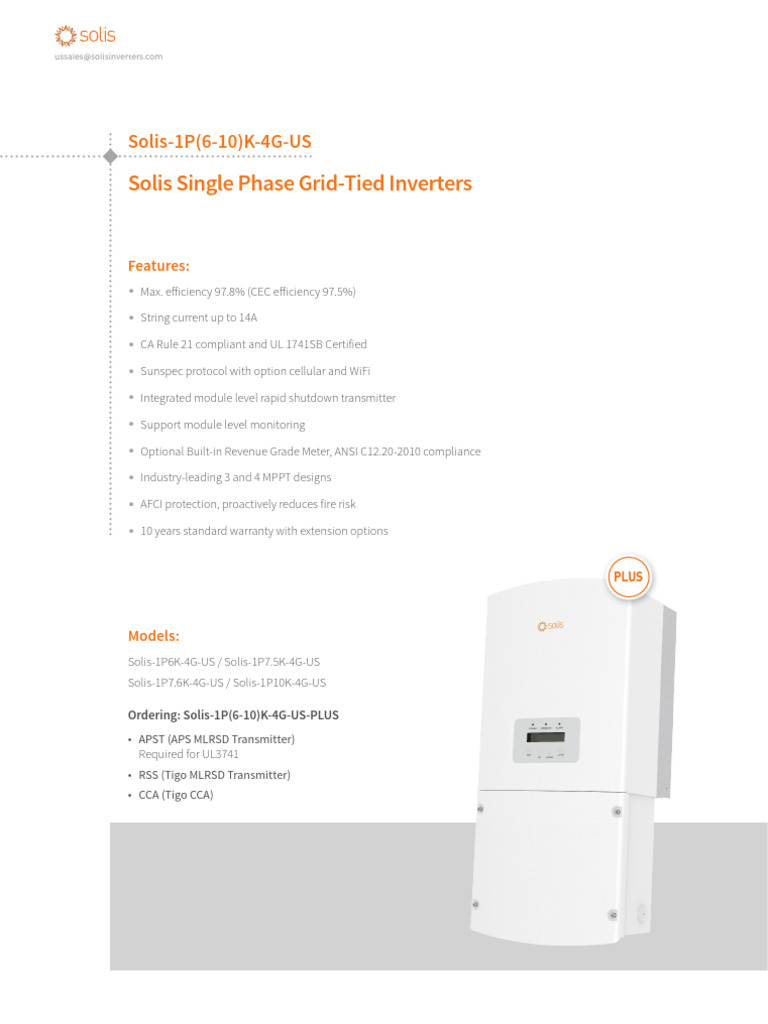 Solis Datasheet Solis-1P (6-10) K-4G-US USA V1,0 202501 | PDF | Electrical Grid | Power Inverter