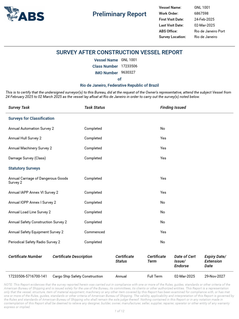 GNL 1001 Vessel Survey Report 2025 | PDF | Dangerous Goods | Ships