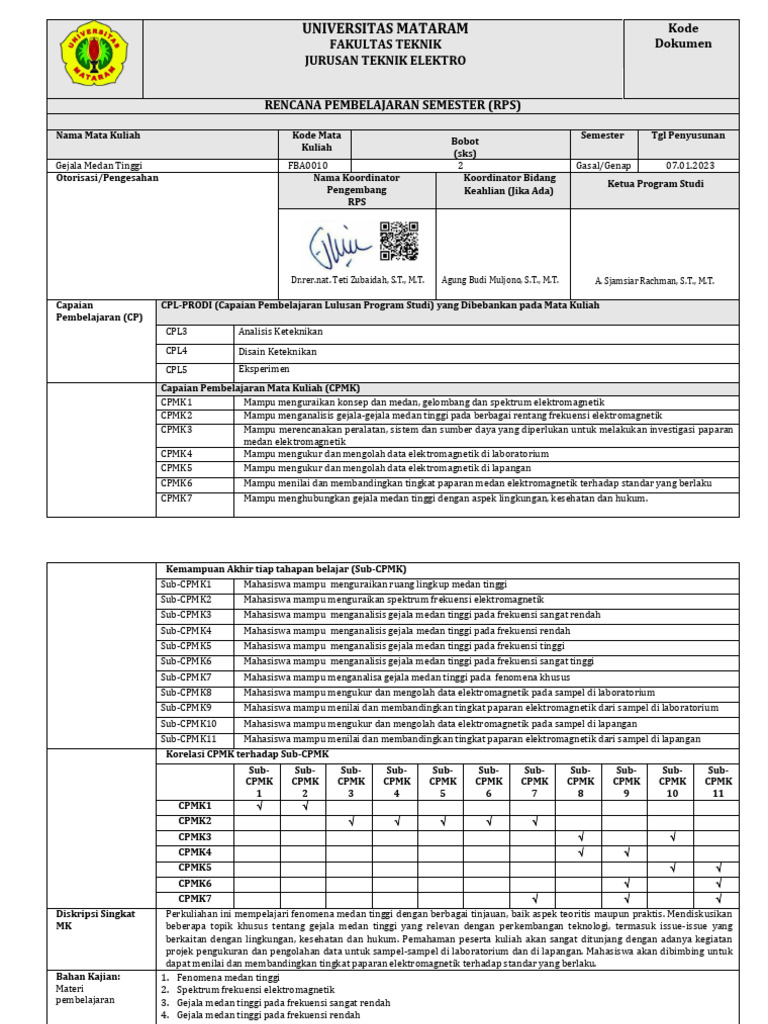 RPS MK Gejala Medan Tinggi - 2023 by ZUT | PDF