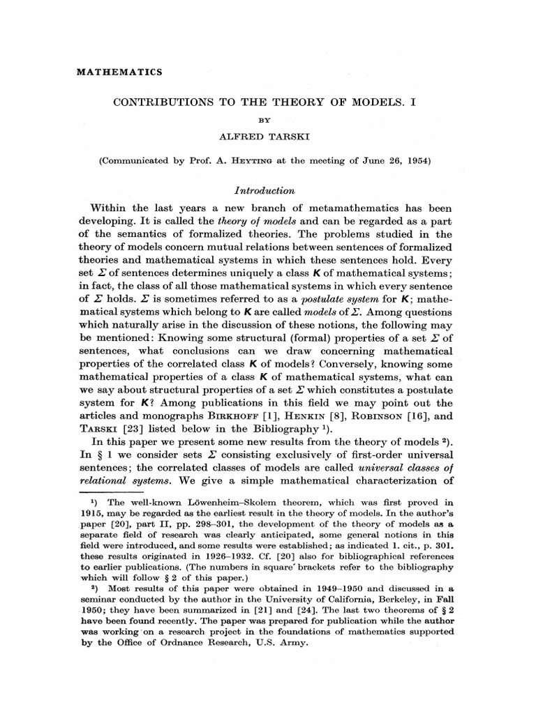 Tarski - 1954 - Contributions To The Theory of Models. I | PDF | Field ...