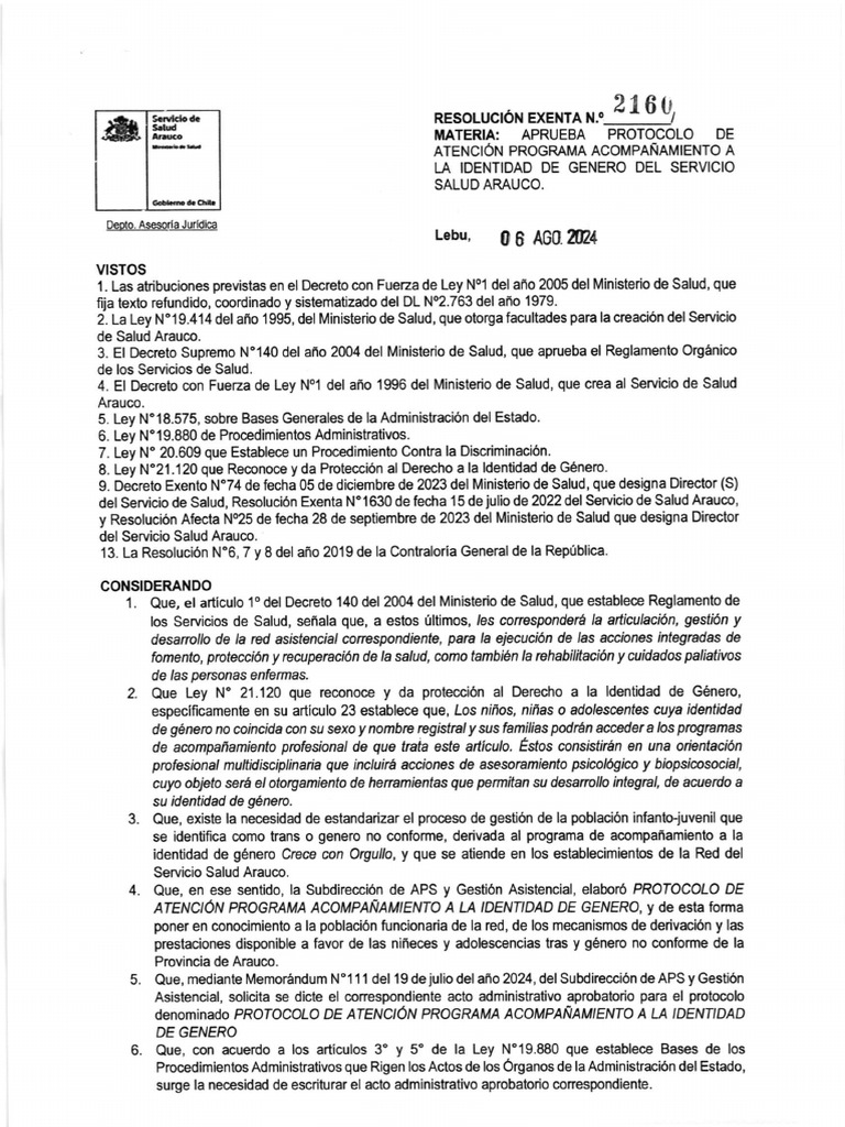 Res - Exenta Nr. 2160 Del 2024 | PDF | Transgénero | Estudios LGBTQIA+