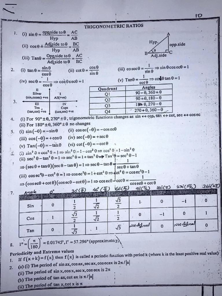 Math 1A Formulae | PDF | Trigonometric Functions | Combinatorics