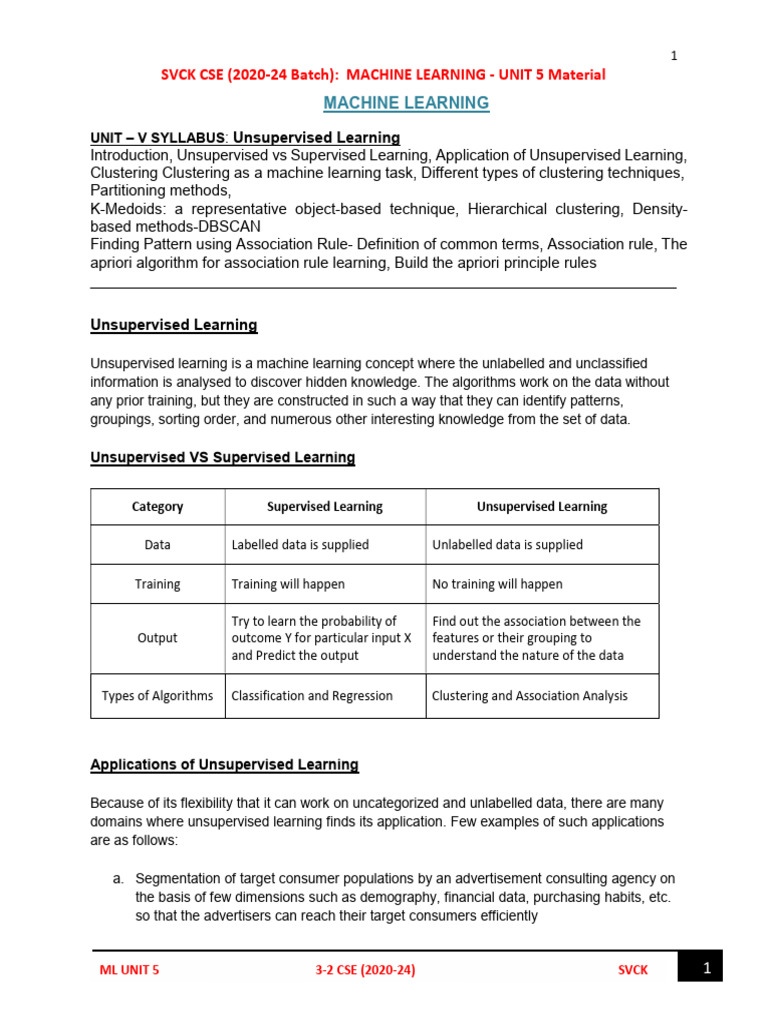 ML Unit 5 Material SVCK Cse | PDF | Machine Learning | Cluster Analysis