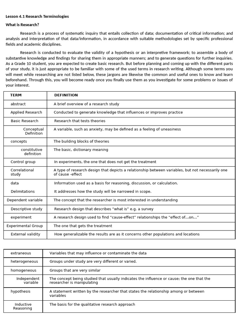 English 10 4.1 Research Terminologies | PDF | Statistics | Methodology