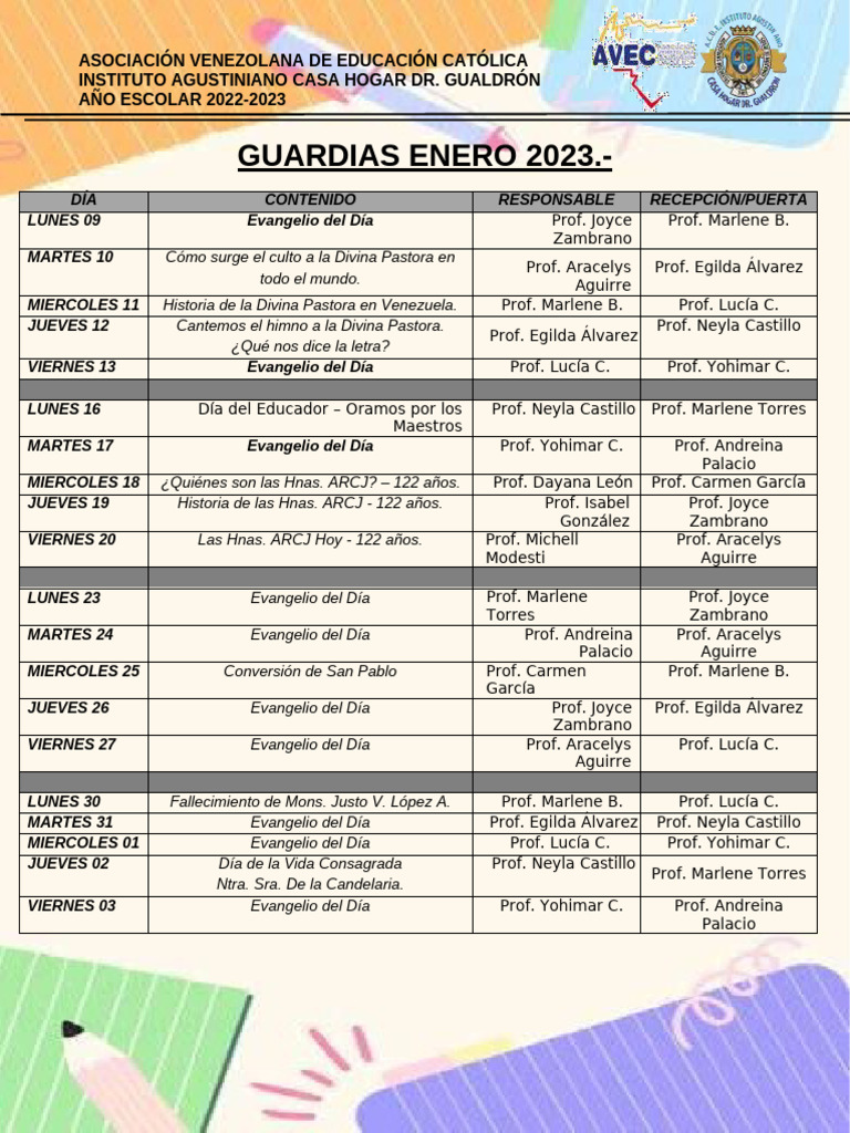 Guardias , Misas y Actividades Enero 2023 | PDF