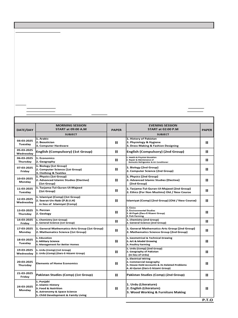 Date Sheet - SSC First Annual 2025 | PDF | Science | Urdu
