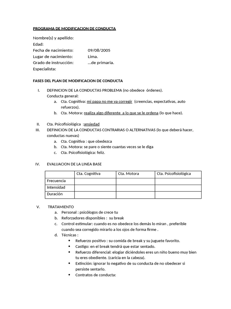 Plan de Modificacion de Conducta | PDF | Modificación de comportamiento | Comportamiento