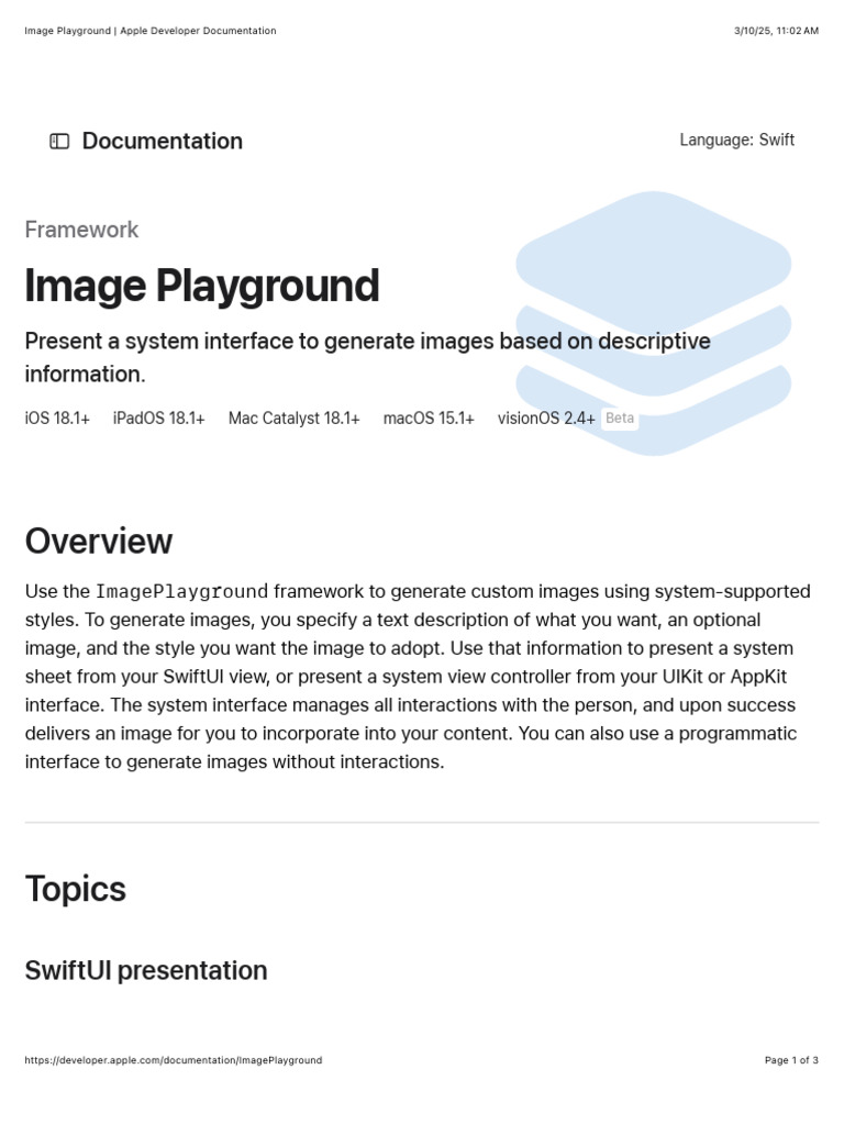 Image Playground | Apple Developer Documentation | PDF | Swift (Programming Language) | Computing