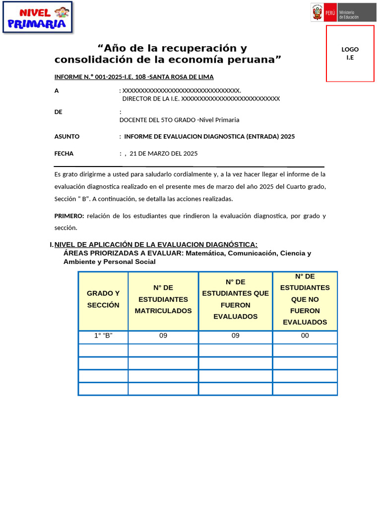 Informe Evaluacion Diagnostica - Primaria-5to Grado - 2025 | PDF